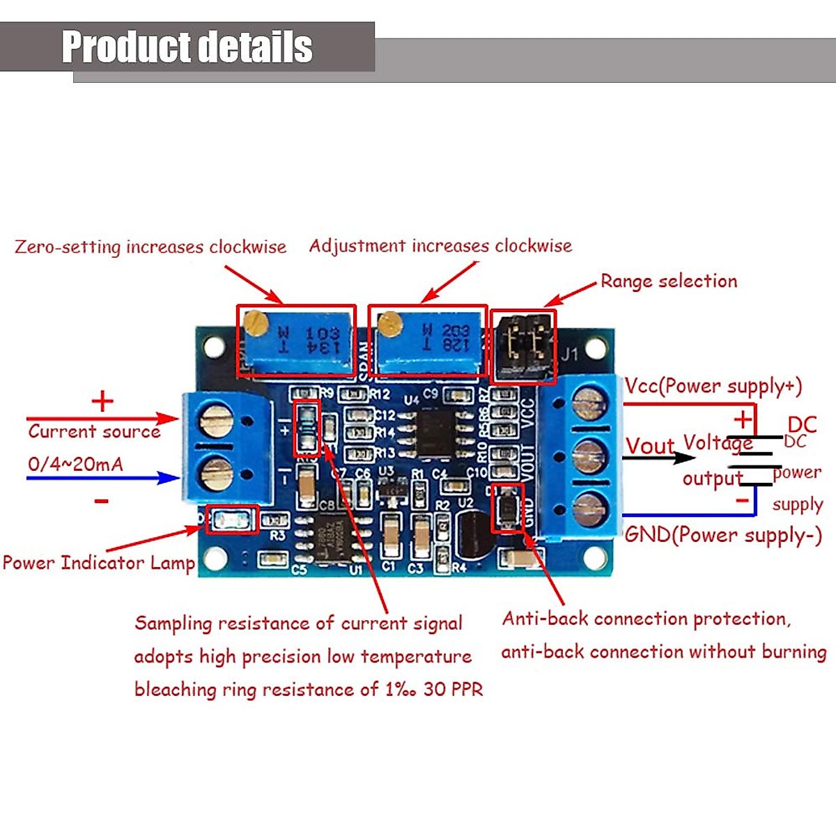 Ximimark 2Pcs Current to Voltage Converter Module 0/4-20mA to 0-3.3V 0-5V 0-10V Voltage Transmitter Signal Conversion Conditioning Board