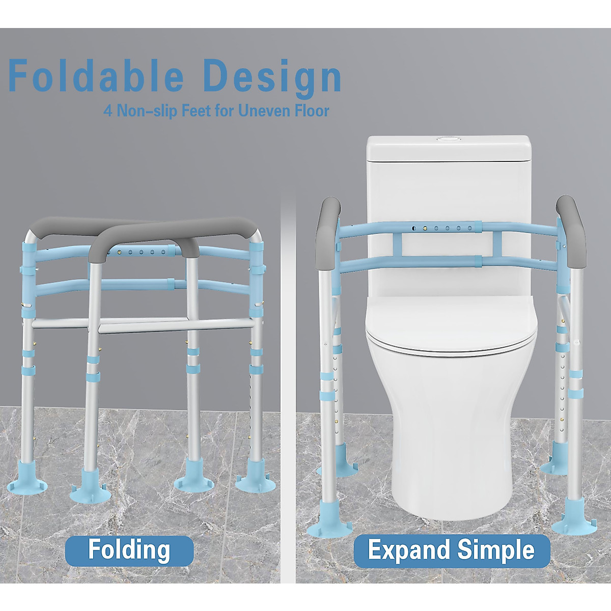 Delog Stand Alone Toilet Safety Rail - Adjustable Width & Height Fit Any Toilet, Medical Toilet Frame for Elderly Handicap Disabled, Folding Handrails