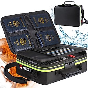KOFAIR Fireproof Document Bag (16 x 11 x 5 inch) with Lock & Reflective Strip, Fireproof Document Lock Box with Shoulder Strap, Multi-Layer Important Document Safe Storage, Fire Safe File Organizer
