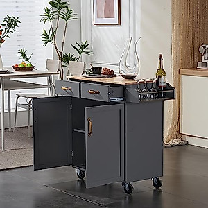 APDYNE Two Door Two Roll Out Kitchen Cart and Storage Cabinet, Rubber Wood Gray Paint Dining Car 99.5 * 40 * 85.5cm, Towel Rack, Adjustable Rack, and Lockable Wheels
