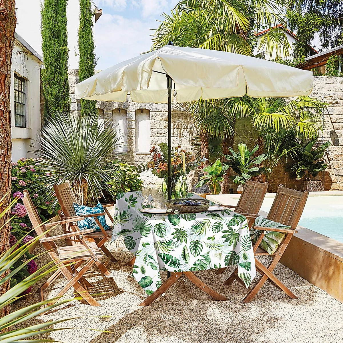 Yighty Outdoor Tablecloth with Umbrella Hole 60x84inch,Spring Summer Palm Leaf Outdoor Zipper Tablecloth,Waterproof and Wrinkle-Free Washable Rectangular Tablecloth for Picnics,Party,Camping and BBQ