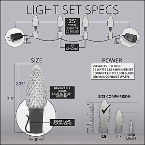 Wintergreen Lighting C9 OptiCore Cool White LED Commercial Outdoor Christmas Lights – Heavy Duty Christmas String Lights; Green Wire (25 Lights, 25 ft, Cool White)