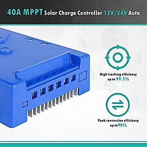 MPPT Solar Charge Controller 40A, 12V/24V Auto DC Input, Max PV 100V 12V/520W, 24V/1040W, Adjustable LCD Display Solar Panel Regulator Charge Controller for Lead-Acid and Lithium Batteries