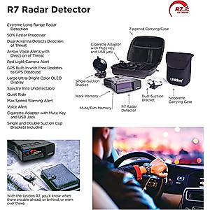 Uniden R7 Extreme Long Range Laser/Radar Detector and Scosche 1080p Dash Cam Bundle. Radar w/Built-in GPS, Real-Time Alerts, Dual Antennas, Front/Rear & Directional Arrows, Red Light Camera Alerts