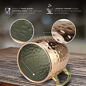 PG Moscow Mule Mugs | Large Size 19 ounces | Set of 4 Hammered Cups | Stainless Steel Lining | Pure Copper Plating | Gold Brass Handles | 3.7 inches Diameter x 4 inches Tall