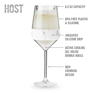 Host Wine Freeze Double-Walled Stemmed Wine Glasses Freezer Cooling Cups with Active Cooling Gel and Insulated Silicone Grip, 6.5 Oz Plastic Tumblers, Marble, Set of 2