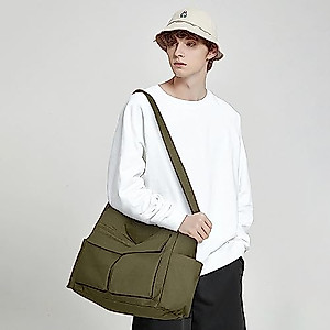 KALIDI Canvas Tote Bag, Messenger Bag with Pockets, Large Crossbody Bag for Women or Men, Casual Canvas Shoulder Bag for College Work Travel Daily, Army Green