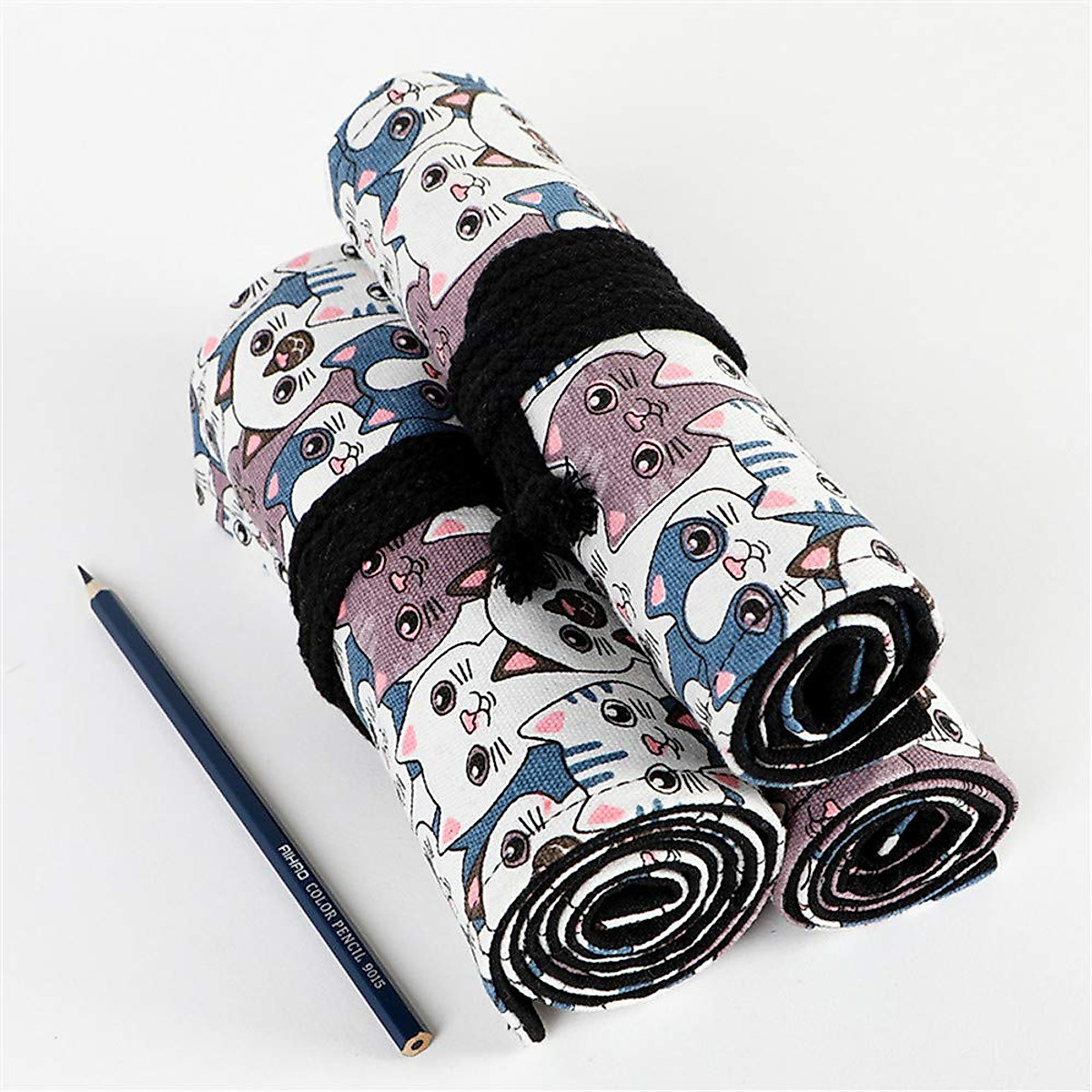 Funny live 24/36/48/72 Slots Colored Pencil Wrap Roll up Pen Holder Case Drawing Coloring Pencil Roll Organizer Stationery Case for Student Artist Traveler (Big-Head Cats, 72 Slots)