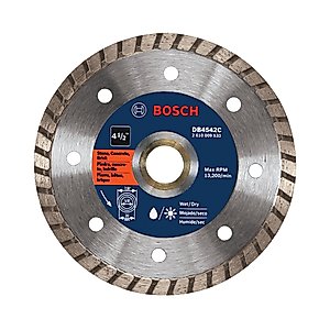 BOSCH DB4542C 4-1/2 In. Premium Turbo Rim Diamond Blade with 5/8 In, 7/8 In. Arbor for Smooth Cut Wet/Dry Cutting Applications in Stone, Concrete, Brick, Silver