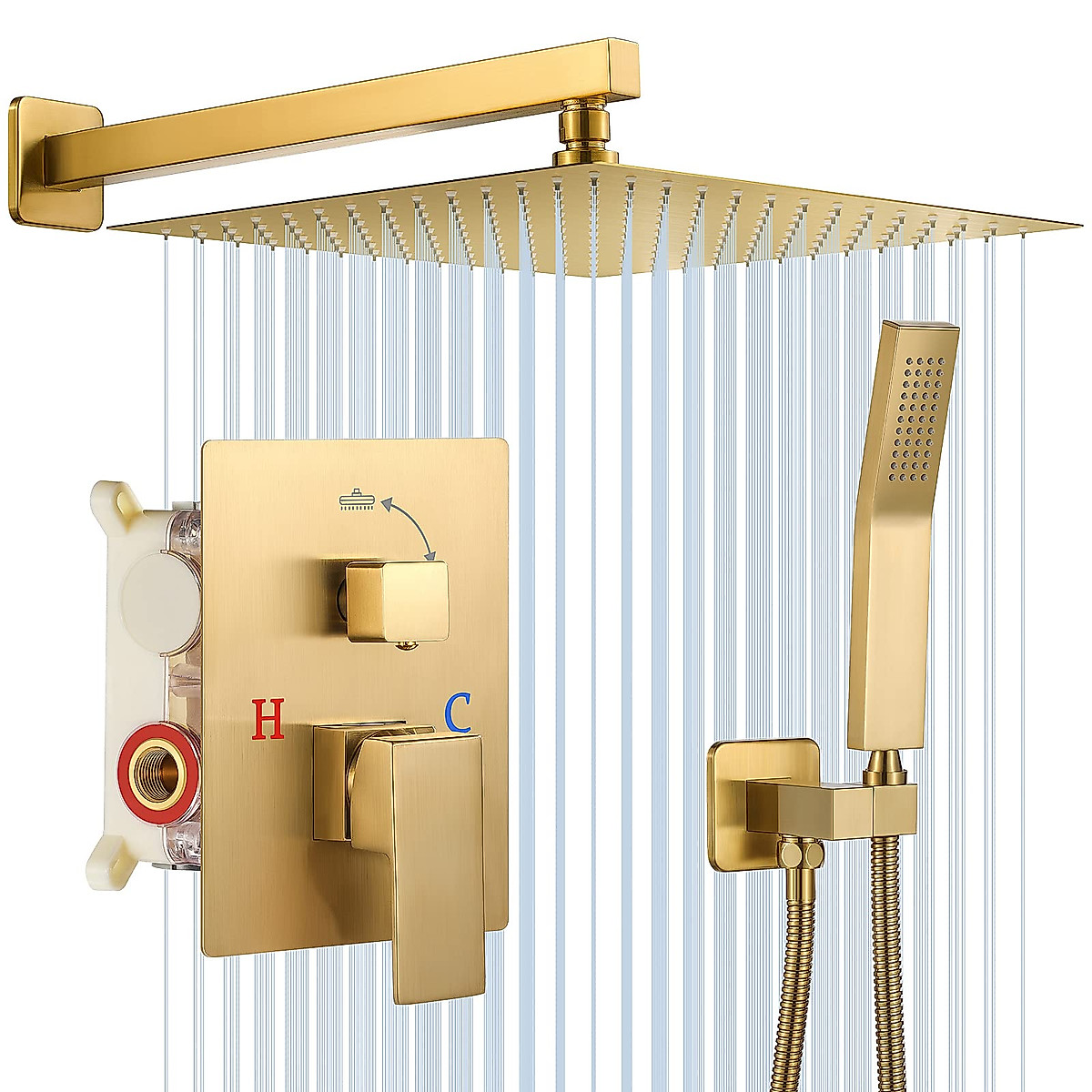 NERDON Shower System, 12 Inch Brushed Gold Shower Faucet Set with Rain Handheld, Wall Mounted Shower Faucet sets Complete for Bathroom Shower Fixtures Rough in Valve Body and Trim Kit