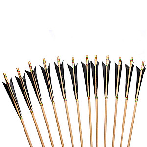 PG1ARCHERY Archery Wooden English Longbow Arrows Practice Targeting Arrow 5.8" Turkey Feathers Fletching with Bullet Points for Recurve & Traditional Bow Black, 12 Pack