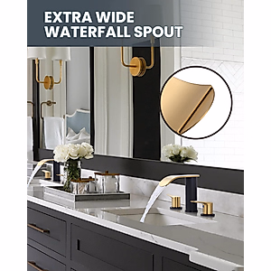 WOWOW Waterfall Bathroom Faucet 3 Holes 8Inch Widespread Bathroom Sink Faucet, Two Handles Lavatory Vanity Sink Faucets with Pop-up Drain & Supply Hoses, Modern Faucet Mixer Taps Black and Gold