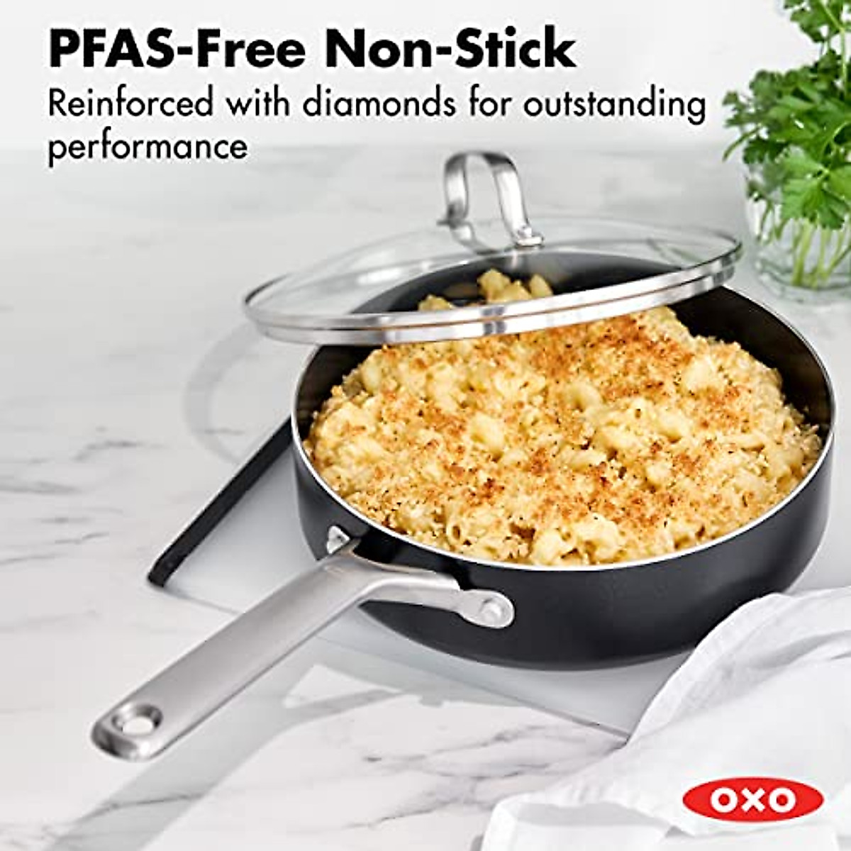 OXO Agility Series 5QT Saute Pan with Lid, Ceramic Nonstick Cookware PFAS-Free, Induction Suitable, Quick Even Heating, Stainless Steel Handles, Chip-Free Rims, Dishwasher and Oven Safe, Black