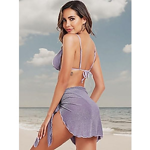 ZAFUL Sexy 3 Piece Bikini Set for Women String Tie Triangle Thong Sparkly Metallic Shiny Swimsuit with Cover Up Skirt (Purple,S)