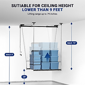 FLEXIMOUNTS Garage Lifting Metal Rack, 4x4 Ft Overhead Garage Storage Racks, Adjustable Heavy-Duty Ceiling Organization System, 300lbs Weight, Satin Black