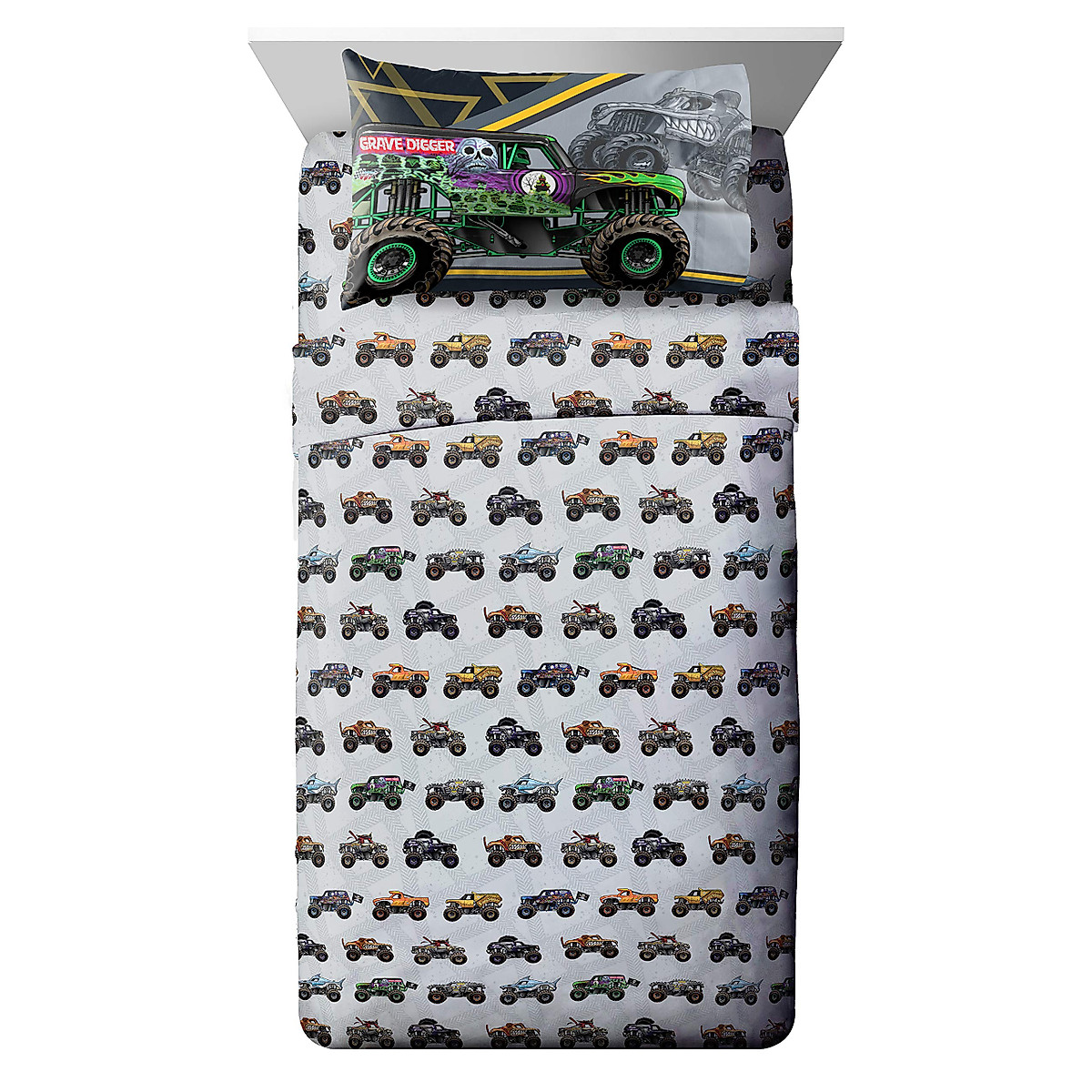 Jay franco Monster Jam MJ Life 5 Piece Full Bed Set-Includes Reversible Comforter&Sheet Set-Bedding Features Grave Digger, Max-D, Megalodon-Super Soft Microfiber-(Official Monster Jam Product)