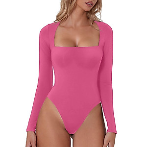 QINSEN Square Neck Shirt for Women Long Sleeve High Leg Thong Bodysuit Tops Magenta M