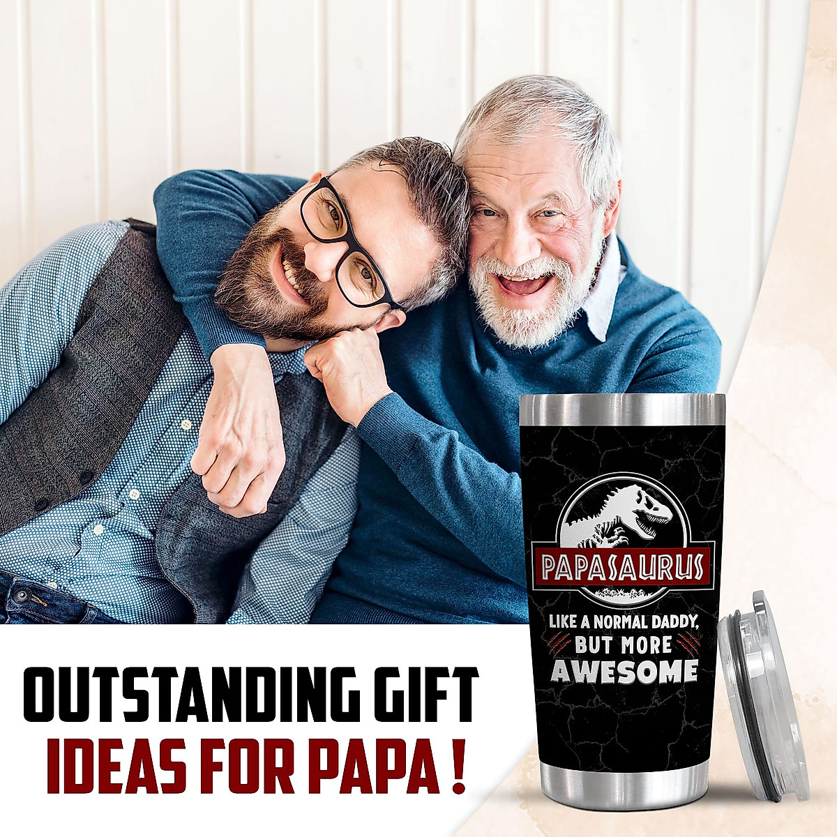OASSIE Father's Day Gifts For Dad from Daughter Son - Saurus Papa 20 oz Stainless Steel Insulated Coffee Tumbler with Lid - Fathers Day Christmas Birthday Gifts For Dad Father Papa, Cool Stuff for Men