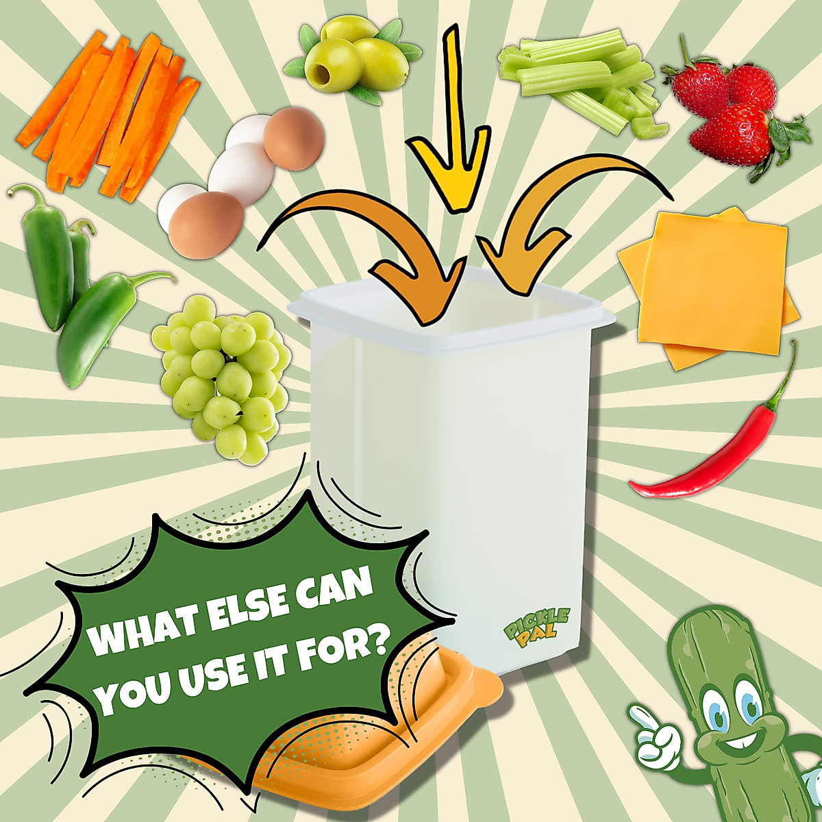 Pickle Container with Strainer Jar - Pickle Holder with Pickle Grabber | Jalapeno Container for Pickles, Olives, Cheese, Jalapenos | 40 oz Pickle Jar with Strainer Flip | Food Storage Containers with Lid | Pickle Pal