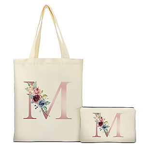 Binggemen Initial Canvas Tote Bag with Zipper Pockets,Personalized Totes for Women Bridesmaids Teacher,Cosmetic Makeup Bag,Monogrammed Gifts for Wedding Birthday (Letter M)