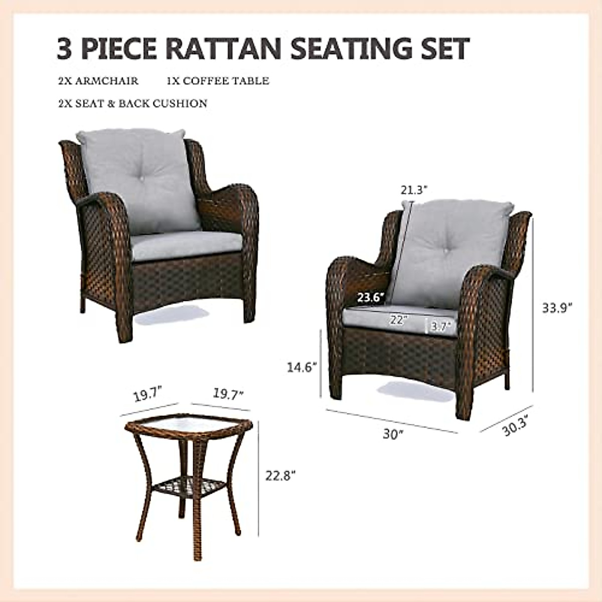 HAPLIFE Products 3 Piece Outdoor Wicker Bistro Set Space Saving Patio Furniture for Yard Side Storage Table, Brown