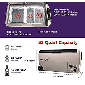 Hebron 33 Quart Dual Zone Portable Refrigerator/Freezer for Camping Fishing and Travel - 12/24 Volt DC Mini Chest Cooler for Vans Campers RVs and Boats