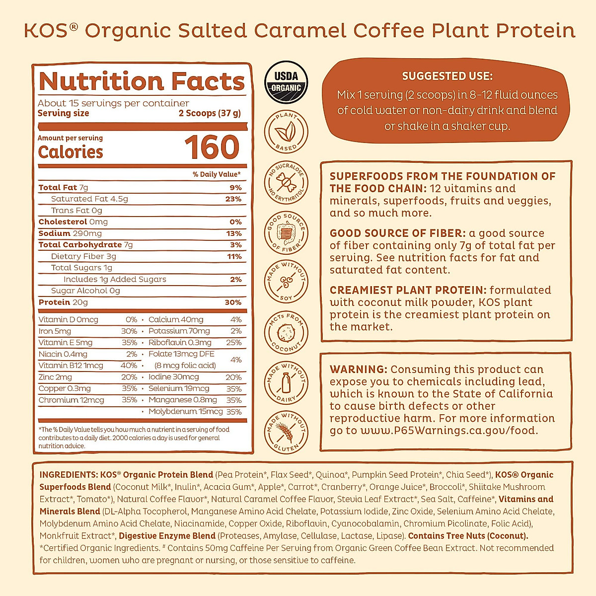 KOS Vegan Protein Powder, Salted Caramel Coffee - Low Carb Pea Protein Blend, Organic Plant Superfood Rich in Vitamins & Minerals - Keto, Dairy Free - Meal Replacement for Women & Men - 15 Servings