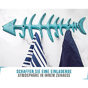 Comfify Decorative Fish Bones Wall Mounted Towel Rack Stylish Cast Iron Hanger w/ 4 “Fish” Hooks | Includes Screws and Anchors - Fish Bones Towel Hanger - Teal Blue