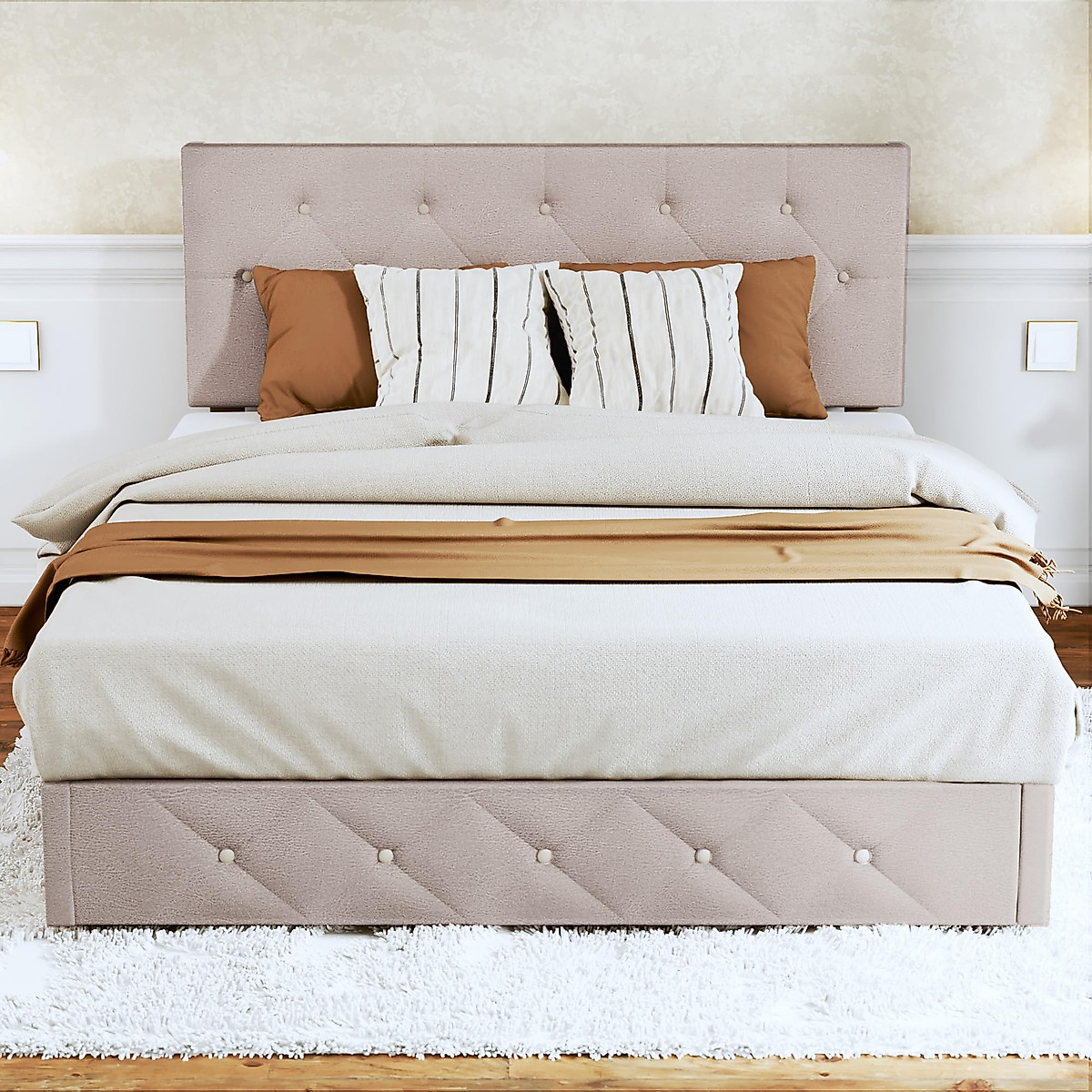Fluest Full Bed Frame with Headboard Storage Drawers of 4 Upholstered Bed Frame Platform Adjustable Headboard Wooden Slats Support/No Box Spring Needed/Easy Assembly/Mattress Foundation,Beige