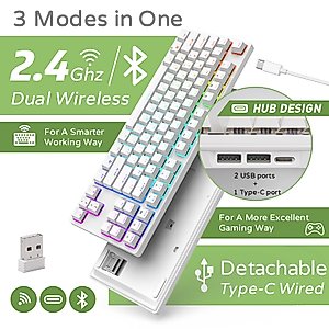 RK ROYAL KLUDGE RK87 Wireless Mechanical Keyboard, 75% TKL Hot Swappable RGB Bluetooth Gaming Keyboard Triple Mode BT5.1/2.4G/USB-C with 2 Detachable Frames, USB Hub, Silent Brown Switch, White
