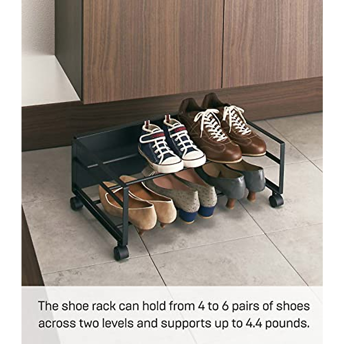 Yamazaki Home Frame Rolling Shoe Rack, Compact Entryway Or Bedroom Metal Shoe Organizer With Wheels, Steel - Holds 4 Shoes, 6 Heels