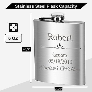 Top Shelf Stainless Steel Wedding Hip Flask 6Oz | Custom Engraving Personalized Name Bachelorette Party Favors Flask | Leak Proof Screw-On Cap | Groomsmen Gifts