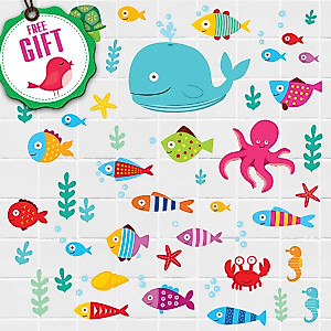 Ocean Fish Wall Decals – Sea Whale Turtle Tropical Creatures Bathroom Stickers - Cartoon Decorative Bathroom Wall Decal for Kids [>50 Art Decals]