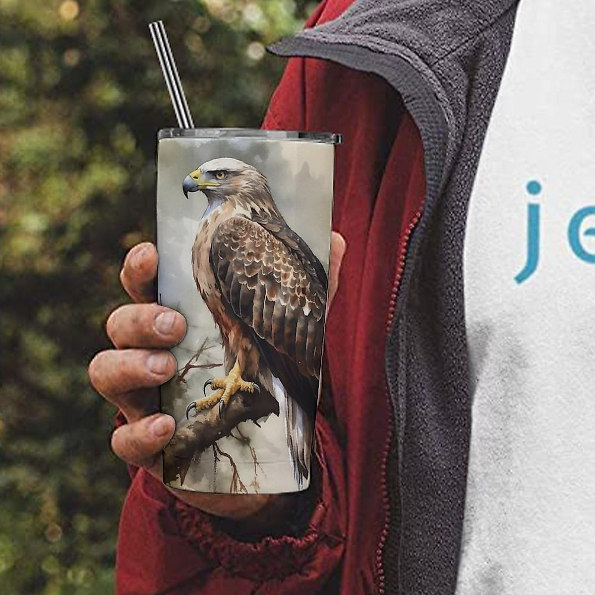 20 Oz Tumbler With Straw Leak Proof Thermos Cup, Watercolor Of Hawk Sitting In The Tree Stainless Steel Insulated Travel Coffee Mug Fit for Car Cup Holder
