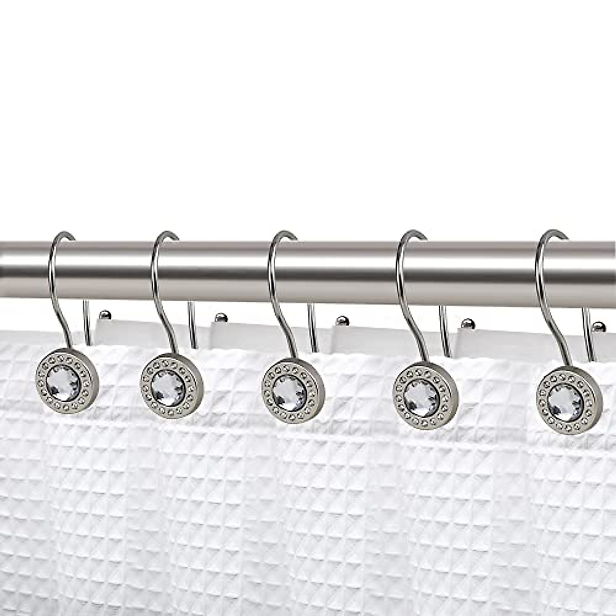 Shower Hooks - Double Shower Curtain Rings for Bathroom - Rust Resistant Shower Curtain Hooks for Shower Curtain or Liner - Shower Curtain Rings with Crystal Design - Set of 12, Brushed Nickel