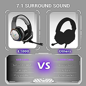 EKSA E1000 USB Gaming Headset for PC, Computer Headphones with Microphone/Mic Noise Cancelling, 7.1 Surround Sound, RGB Light - Wired Headphones for PS4, PS5 Console, Laptop, Call Center