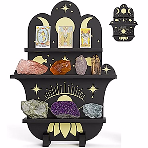 Wooden Hamsa Hand Crystal Shelf For Crystals & Tarot Cards, Tarot Card Holder Witchy Gift, Standing Display or Wall Mounted Crystal Holder, Witch Wiccan Room Decor, Hand of Fatima Evil Eye Wall Decor