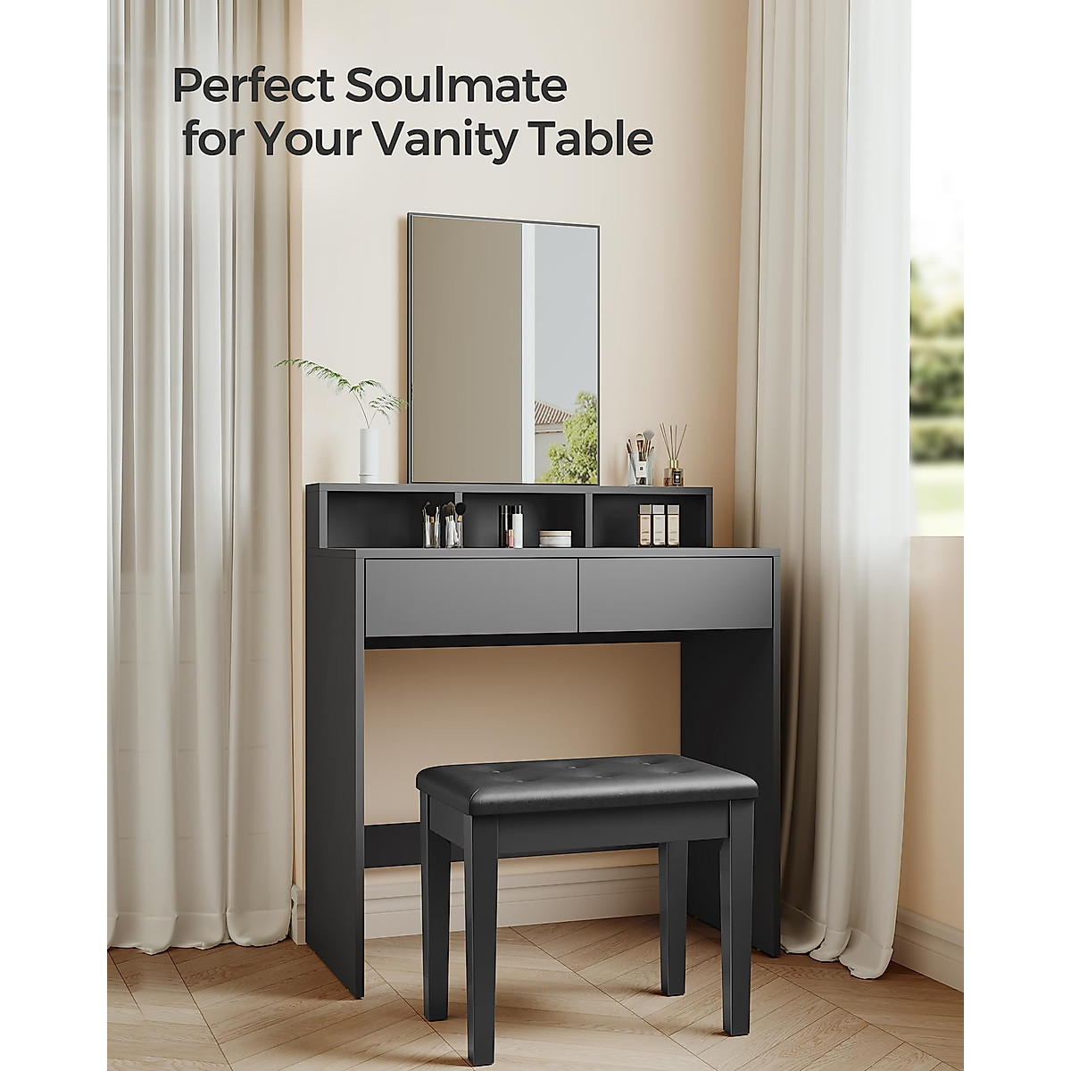 SONGMICS Piano Bench with Padded Cushion and Storage Compartment for Music Books, Vanity Stool, Tufted Wooden Piano Seat, 13.8 x 22 x 19.5 Inches, Black ULPB55H