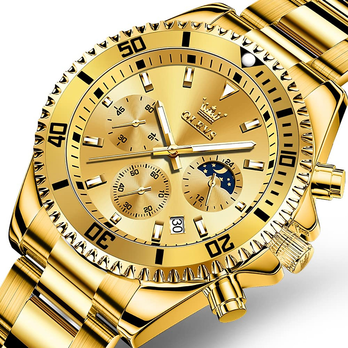 OLEVS Mens Watches Gold Chronograph Luxury Dress Moon Phase Quartz Stainless Steel Waterproof Luminous Business Calendar Wrist Watch