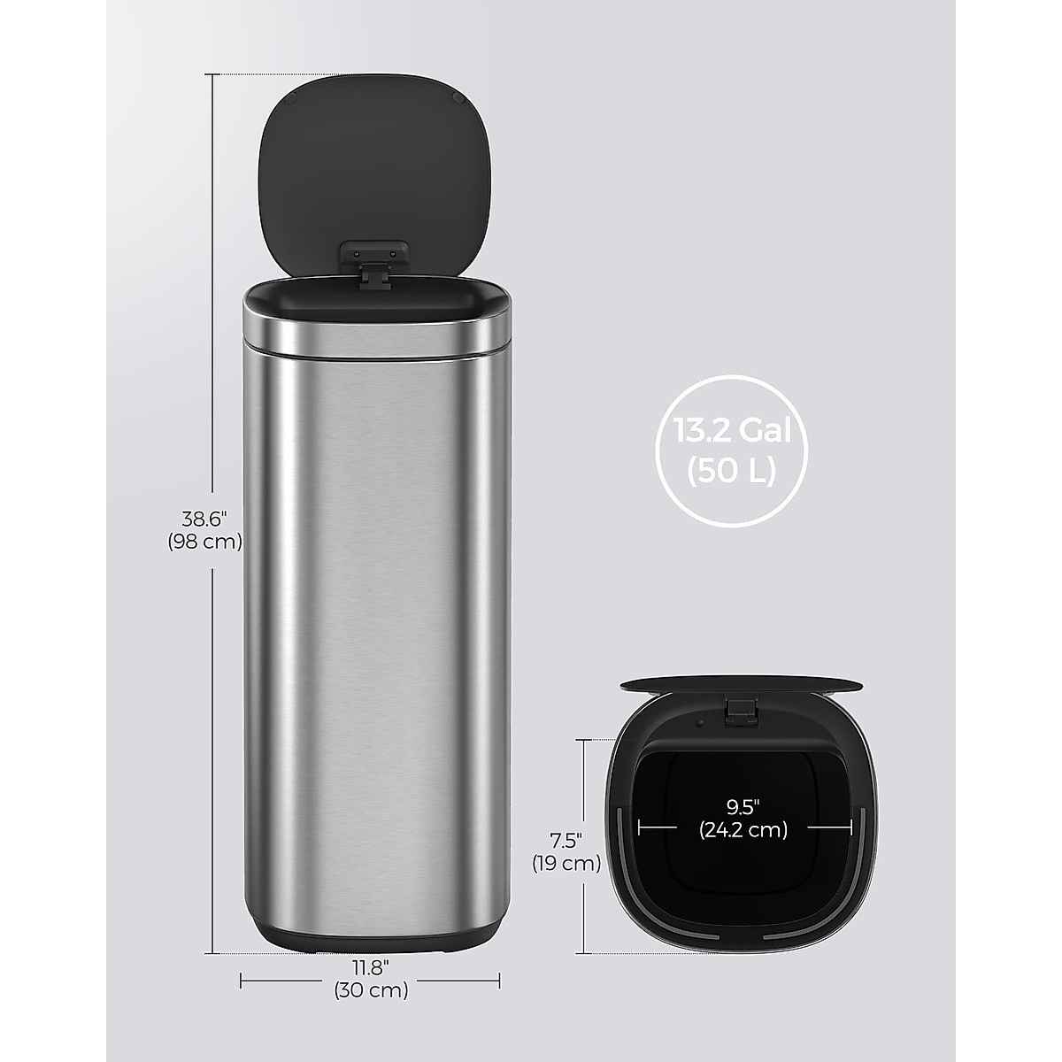 SONGMICS Motion Sensor Trash Can, 13 Gallon Automatic Kitchen Garbage Can, Multi-Colored Indicator Lights, Ozone Odor Control, Stay-Open Lid, Tall, Stainless Steel, Silver ULTB620E50V1