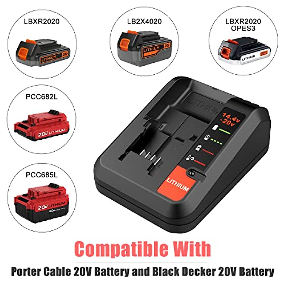 Energup Charger for Black and Decker 20V Lithium Battery LBXR20 LBXR2030 LB2X4020 and Compatible with Porter-Cable 20V Lithium Battery PCC680L PCC681L PCC682L PCC685L PCC685LP