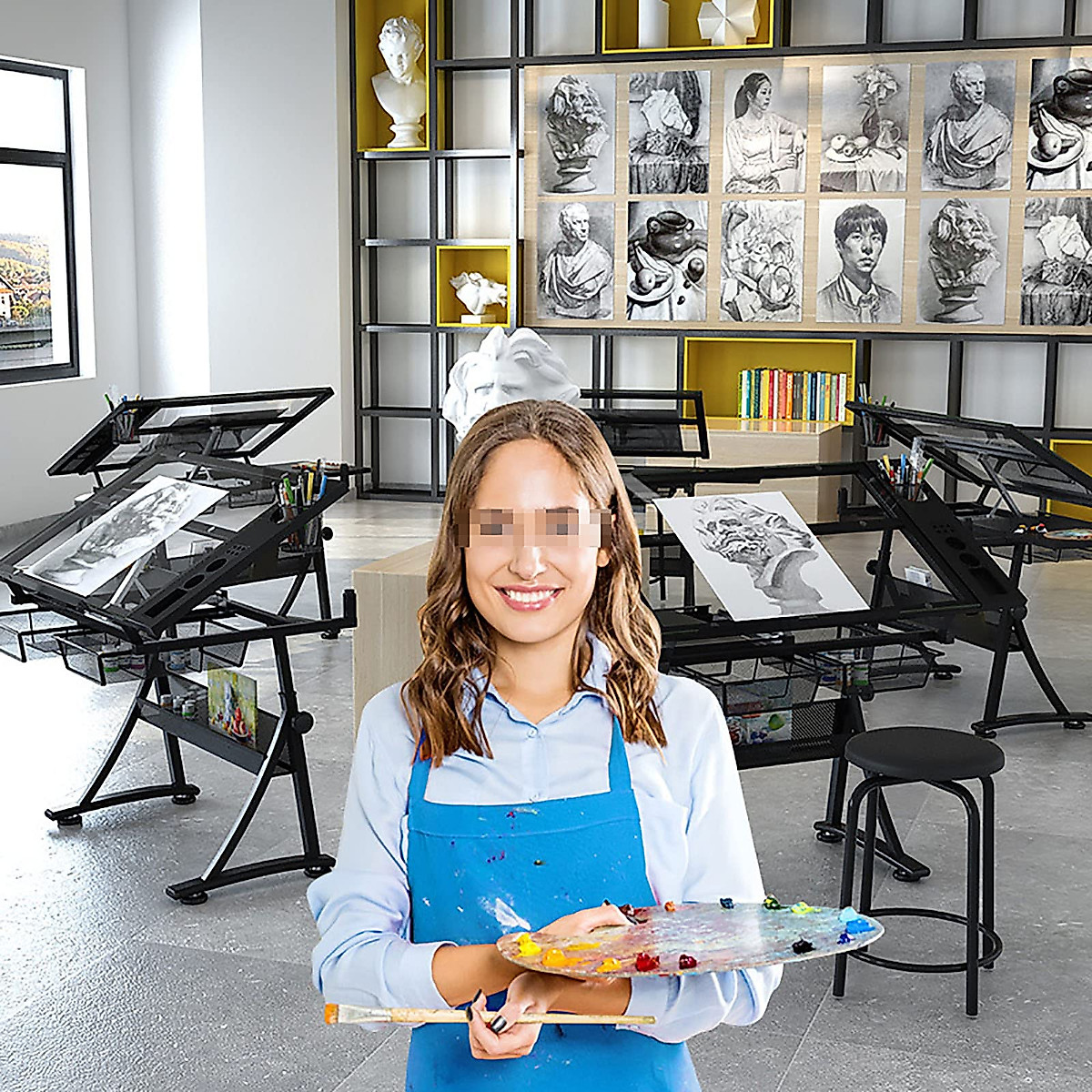 Drawing Table Drafting Desk, Glass Drafting Table Art Desk, Height Adjustable Drawing Desk Art/Craft Desk Paintings Work Station W/ 2 Storage Drawers and Stool for Craft Station Studio Home Office Sch