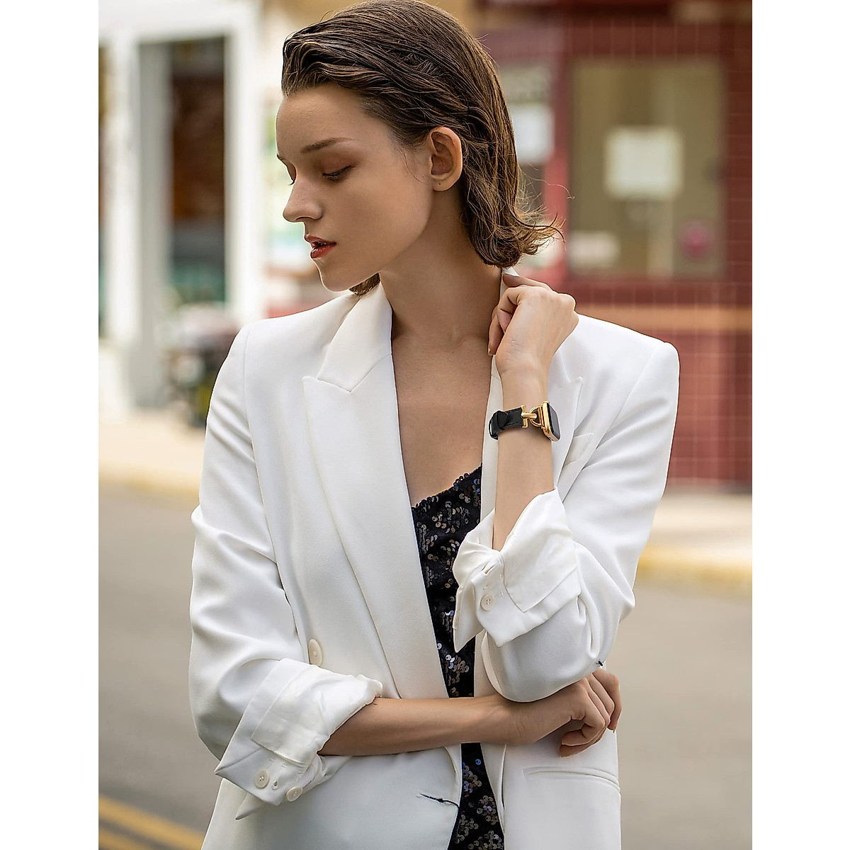 Wearlizer Leather Band Compatible with Apple Watch Band Women 42mm 44mm 45mm 49mm Ultra 2, Dressy Fancy Leather Strap Metal Buckle for iWatch Bands Series 9 8 SE 7 6 5 4 3 2 1 Black/Gold Buckle