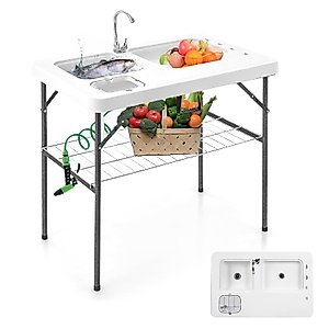 VINGLI Folding Fish Cleaning Table with 2 Sink, Outdoor Portable Camping Table with Grid Rack & Sprayer, Cutting Table with Drainage Hose Stainless Steel Faucet for Patio Backyard BBQ