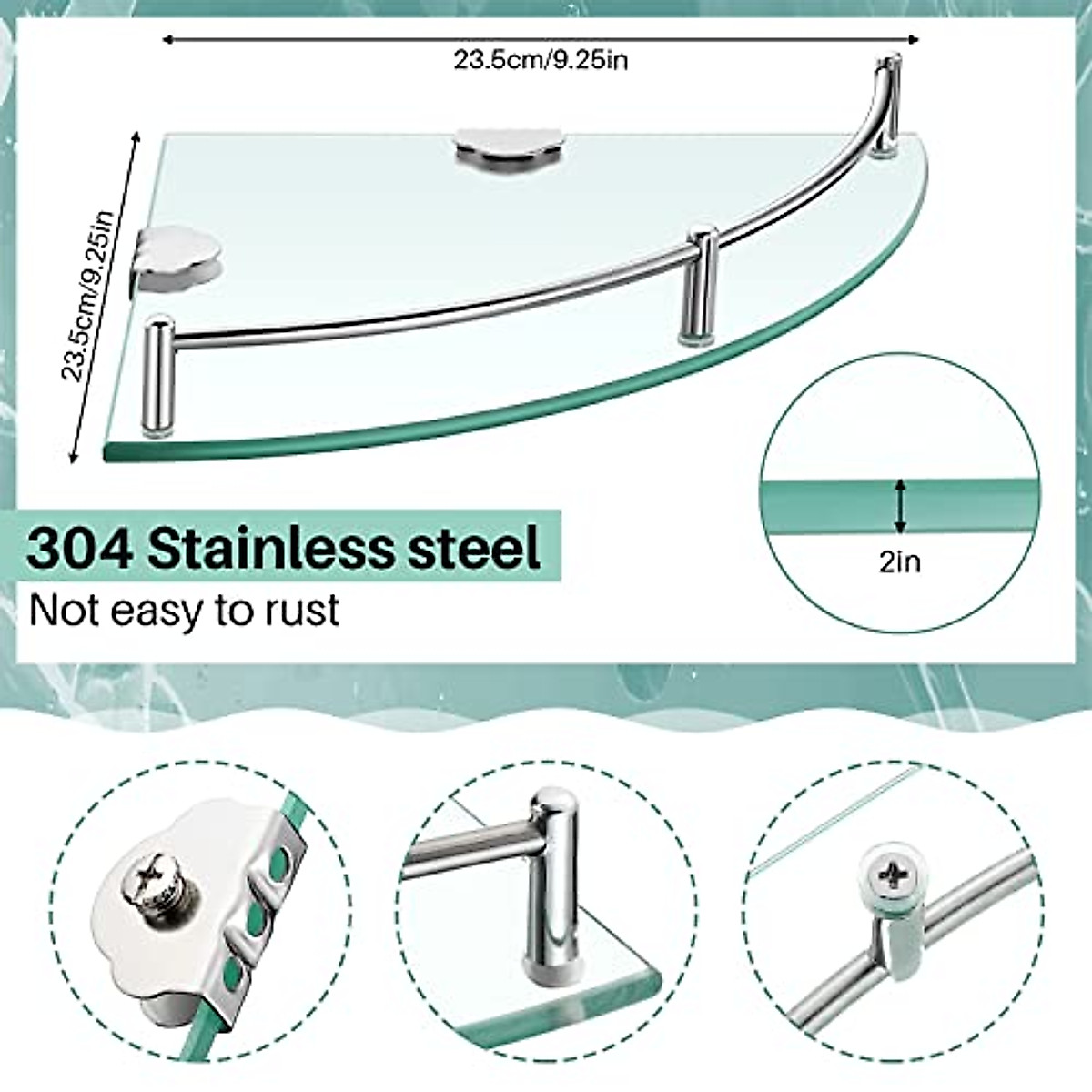 Corner Shower Shelf 2-Tier Glass Corner Shelf Stainless Steel Wall Mounted Corner Bathroom Organizer for Storing Bottle Shower Gel Shampoo Brush, Silver, 9.25 Inches（2Pcs）