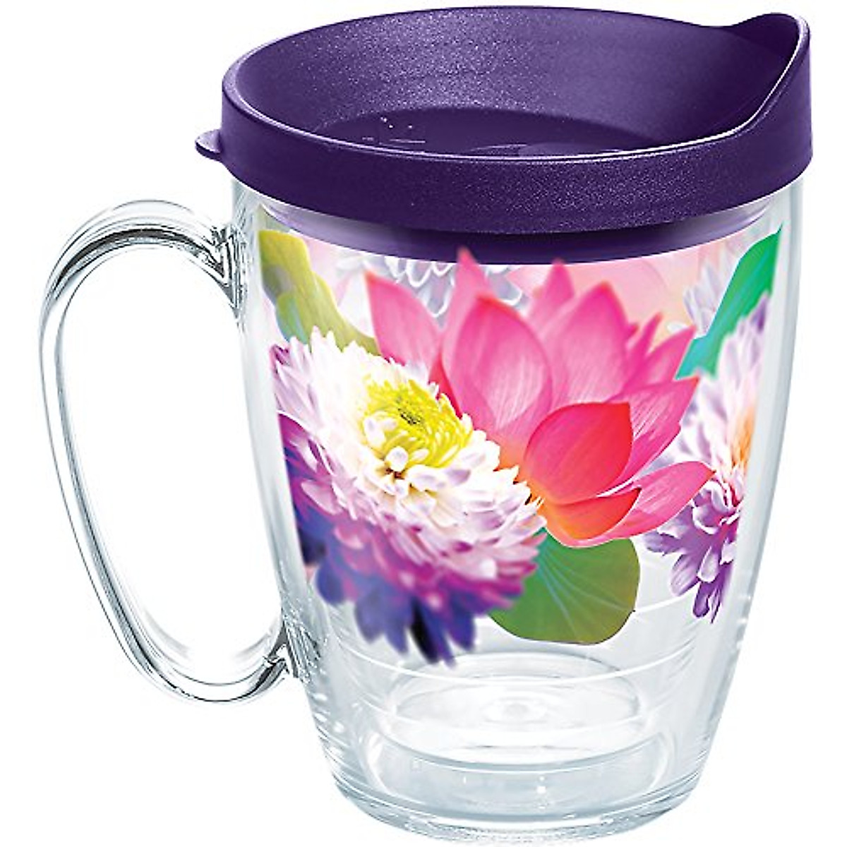 Tervis Plastic Floral Filter Tumbler with Wrap and Royal Purple Lid 16oz Mug, Clear