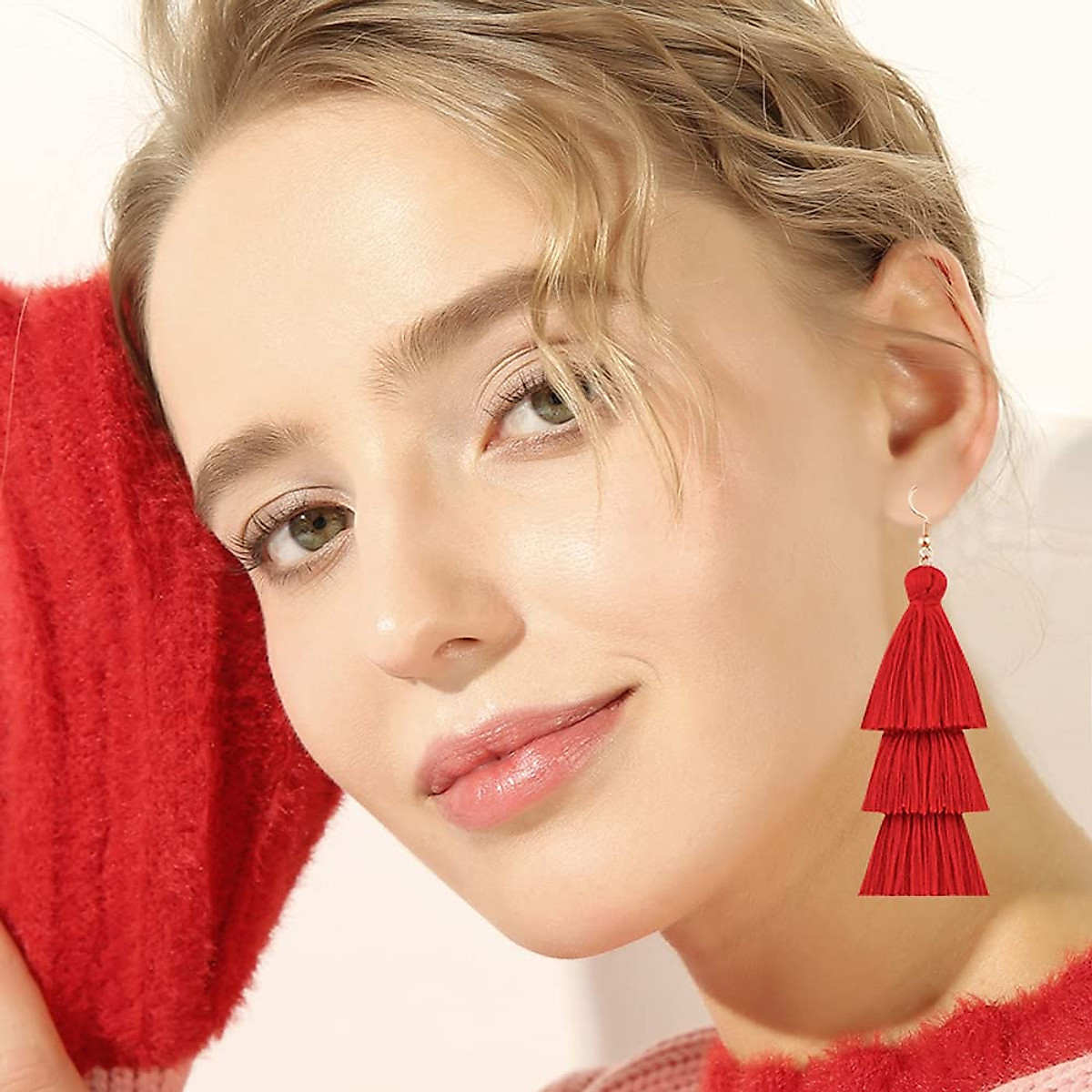 DIYANMMY 3 Tier Layered Colorful Tassel Earrings Bohemian Big Dangle Drop Fashion Jewelry Earrings for Women Valentine Birthday Party Gift. (red Tassel)