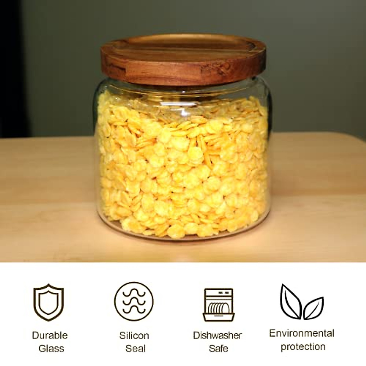 Datttcc Glass Jars,Set of 4 Glass Food Storage Containers with Wooden Lids,Clear Glass Canister Sets for Sugar,Tea,Coffee,Snack,Spice,Herbs(33 oz/ 1000 ml)