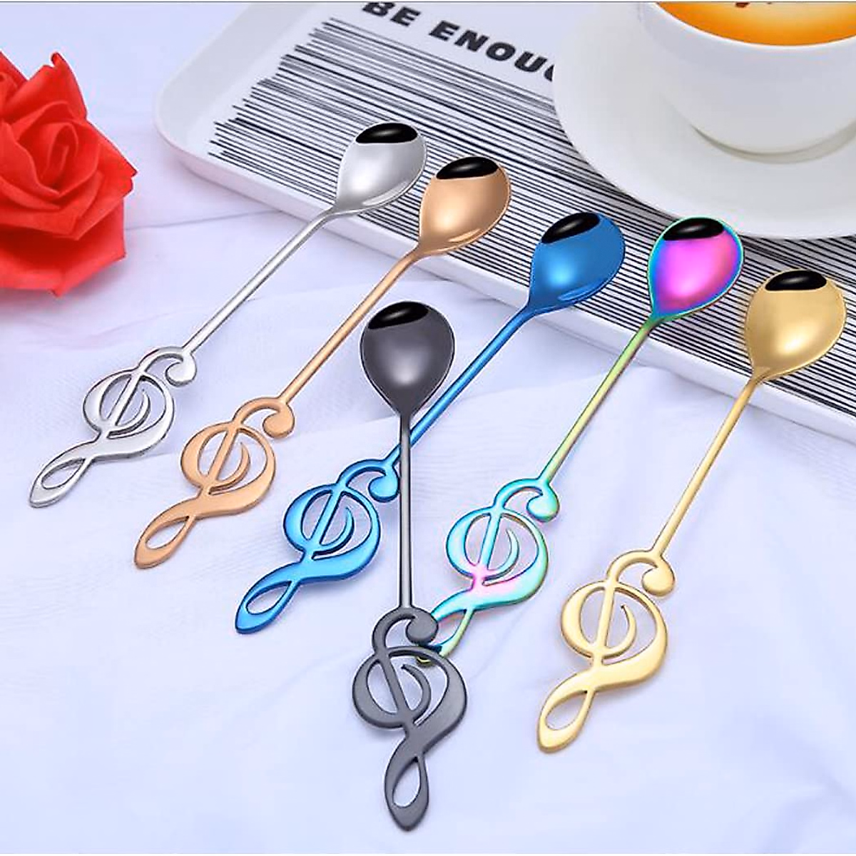 Hoshen 7-Piece Musical Note Coffee Spoon Set, 6-Inch Stainless Steel Ice Cream Tea Sugar Spoon, Espresso Stirring Spoon, Cold Drinks, Desserts, Party Stirring Tableware - 7 Colors