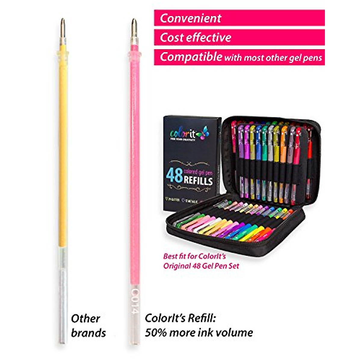 ColorIt 48 Gel Pen Ink Refills for Glitter, Metallic, and Neon - Color Coded for Easy Replacement (Gel)